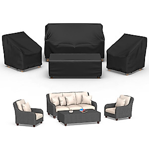 Mrrihand Patio Furniture Covers, 4 Piece Outdoor Furniture Cover Waterproof includ Ourdoor Sofa Cover, 2 Chair Covers, Coffee Table Cover with Windproof Buckle Strap and Adjustable Drawstring