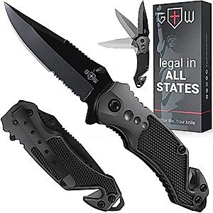 2,95” Serrated Blade Pocket Knife - Black Folding Knife with Glass Breaker and Seatbelt Cutter - Small EDC Knife with Pocket Clip for Men Women - Sharp Tactical Camping Survival Hiking Knives 6680