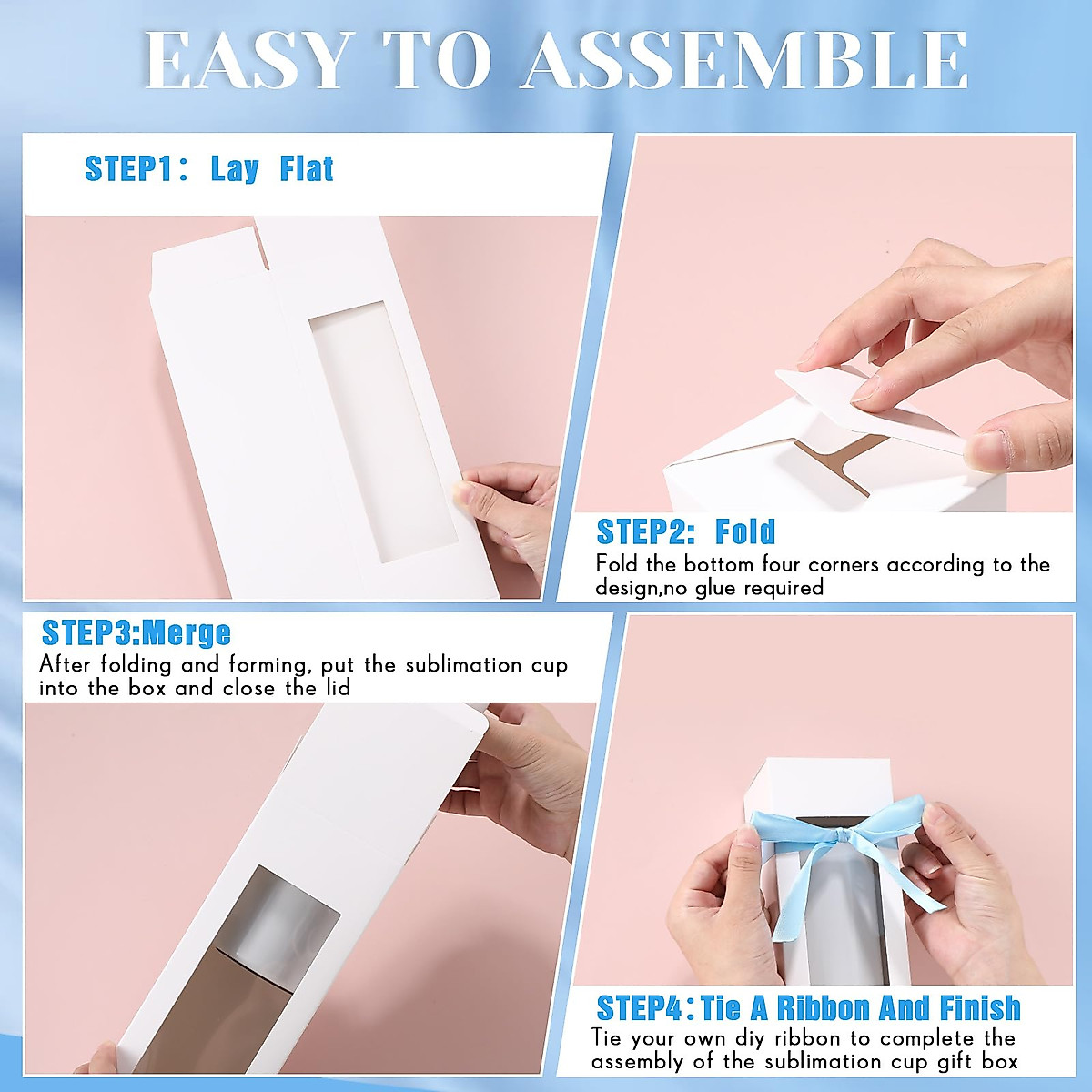 PerKoop 24 Pcs Tumbler Gift Boxes with Ribbon Sublimation Tumbler Transparent Exhibition Gift Boxes 12 oz, 20 oz, 30 oz Heat Press Sublimation Blanks Skinny Tumbler Gift Wrapping (White, Blue)