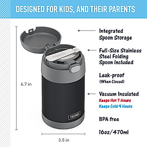 THERMOS FUNTAINER Insulated Food Jar, 16 Ounce, Kid Friendly Thermos Food Jar with Foldable Spoon, Matte Charcoal