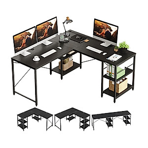 Bestier 95.2” L Shaped Desk, Reversible Corner Computer Desk or 2 Person Long Table with Adjustable Shelves, Large Writing Study Workstation with 3 Cable Holes - Black
