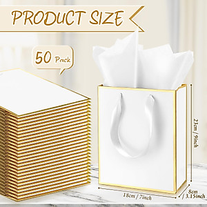 Yeaqee 50 Pack Metallic Paper Gift Bags with Handle and Tissue Paper Wedding Thank You Favor Bag for Bridal Shower Groomsmen 5 Senses Gift Bags for Her Him Birthday 9 x 7 x 3.15''(White and Gold)