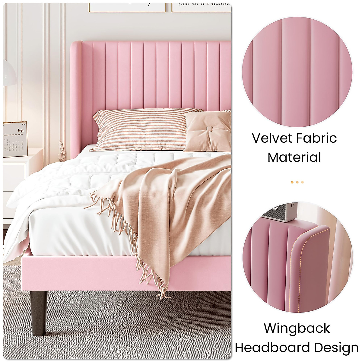 SHA CERLIN Full Size Velvet Bed Frame with Vertical Channel Tufted Wingback Headboard, Upholstered Platform Bed with Wood Slats, No Box Spring Needed, Easy Assembly, Pink