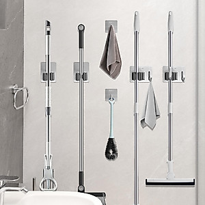 Daily Treasures 6 Pcs Stainless Steel Broom Holder Wall Mount Self Adhesive (with Hook), Adjustable Size Broom and mop Holder, Flexible Freestanding Broom Sticky Back Hooks, Hook Broom Hanger