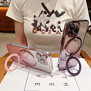 Misscase Magnetic Glitter for iPhone 14 Pro Max Case Compatible with MagSafe,Full Protection Slim Rotatable Ring Holder Kickstand Shockproof Anti-Scratch Case with Camera Lens Protector Pink