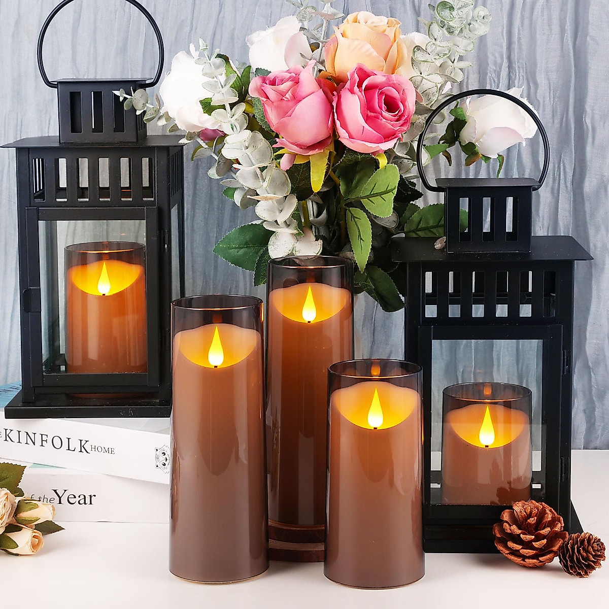 NURADA Flameless Candles: Acrylic LED Pillar Candles Battery Operated with Remote and Timer for Romantic Ambiance and Home Table Bathroom Decor, Gray, Pack of 5