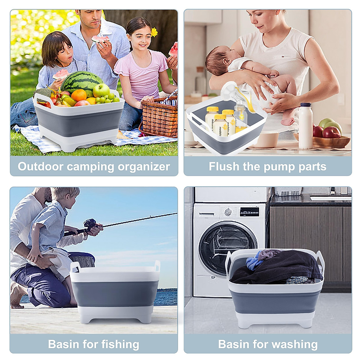 Goderewild 2.4 Gal(9L) Collapsible Dish Basin with Drain Plug, Space Saving Outdoor Multiuse Foldable Sink Tub, Dishpan, Kitchen Storage Tray for Camping, Vegetable Washing, RV