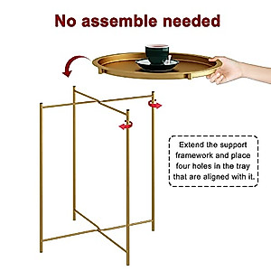 HOME BI Small Round End Table, Accent Side Table Nightstand with Removable Tray Top for Living Room Bedroom, Folding Mini Coffee Table, All Metal Frame, No Assembly Required, Gold