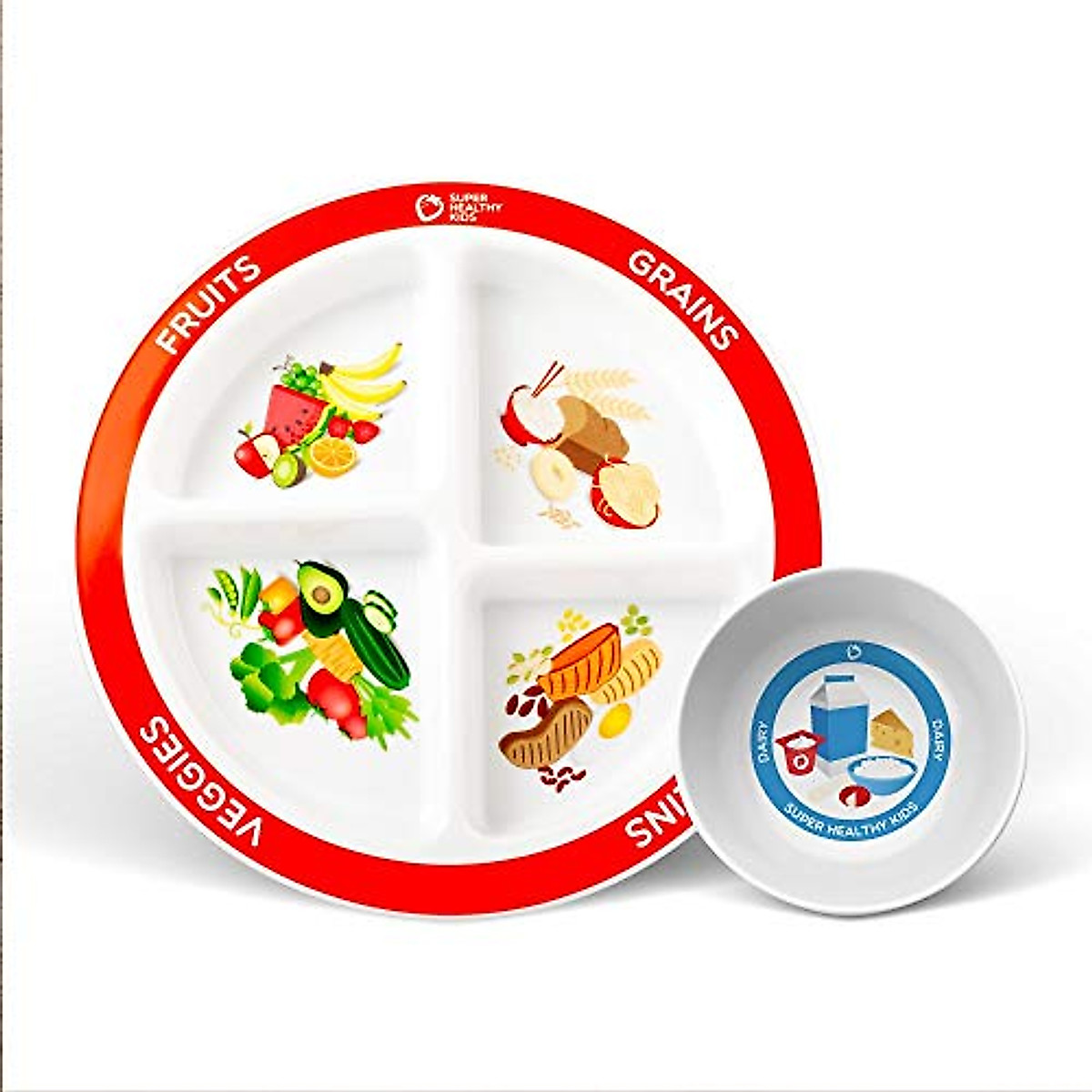 Health Beet Choose MyPlate Portion Plate for Kids, Toddlers - Kids Nutrition Plates with Dividers Plus Dairy Bowl from (English language, Plate with Dairy Bowl)