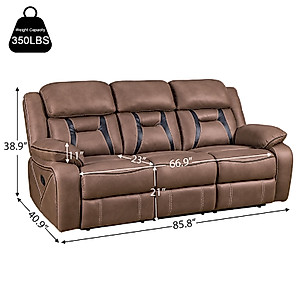 EBELLO Leather Manual Reclining Sofa, 3 Seat Recliner Sofa with Overstuffed Armrest and Headrest, Couch for Living Room, Bedroom Furniture, Meeting Room, Brown (3 Seat Sofa)