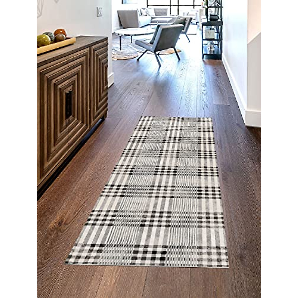Studio M Floor Flair Farmhouse Plaid Country Neutral - 2 x 6 Ft Decorative Vinyl Rug - Non-Slip, Waterproof Floor Mat - Easy to Clean, Ultra Low Profile - Printed in The USA