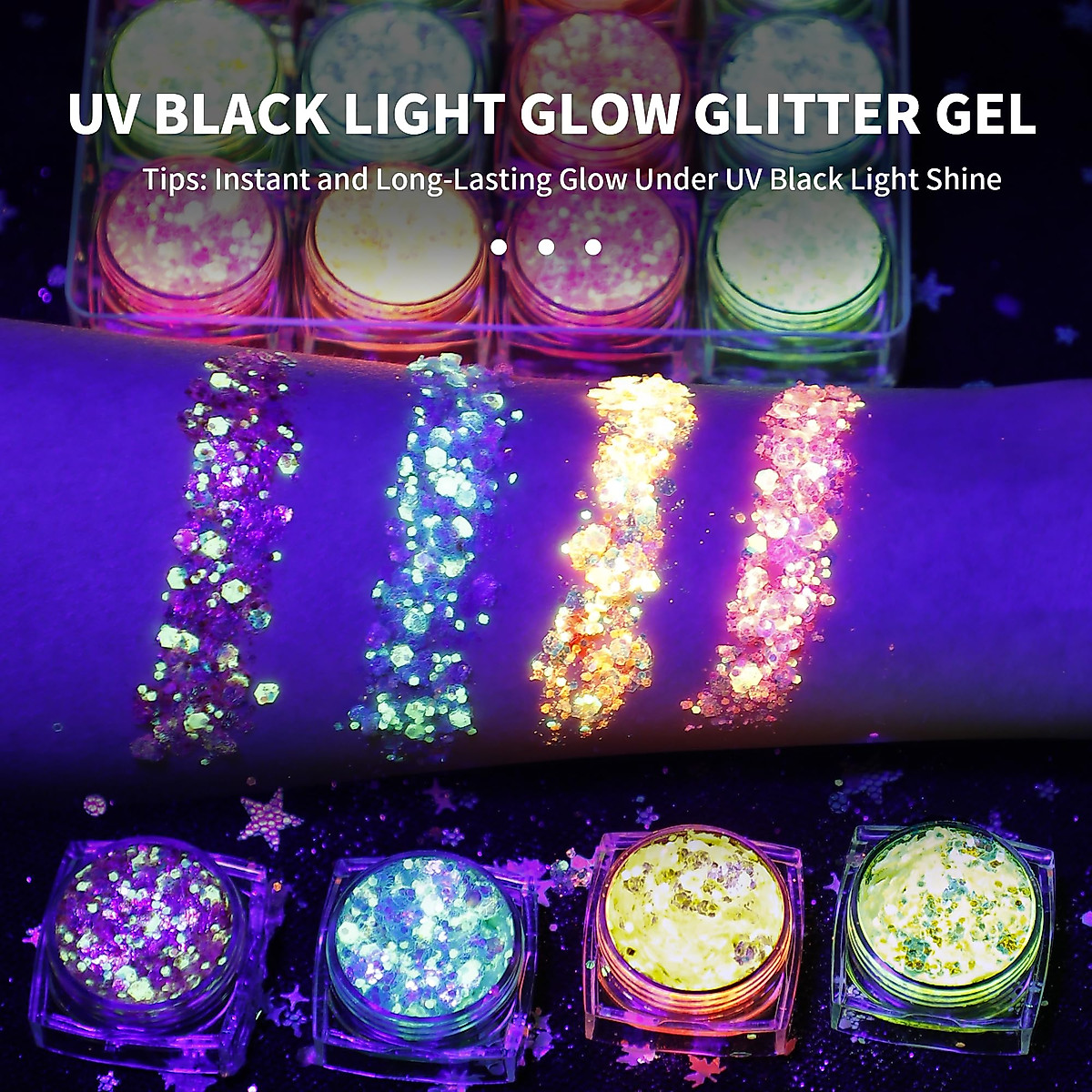 Glow in The Dark Glitter Gel for Women, 12 Colors Chunky Makeup Fine Glitter, UV Black Light Glitter for Body/Face/Hair/Eyeshadow, Glitter for Carnival Party(Not Loose Glitter)