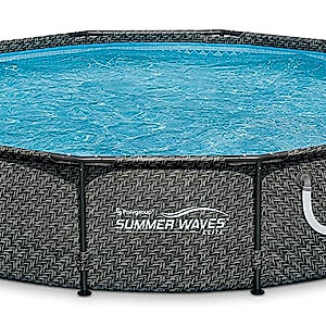 Summer Waves 12' x 33" Outdoor Round Metal Frame Above Ground Swimming Pool with Skimmer Filter Pump and Filter Cartridge, Gray Wicker