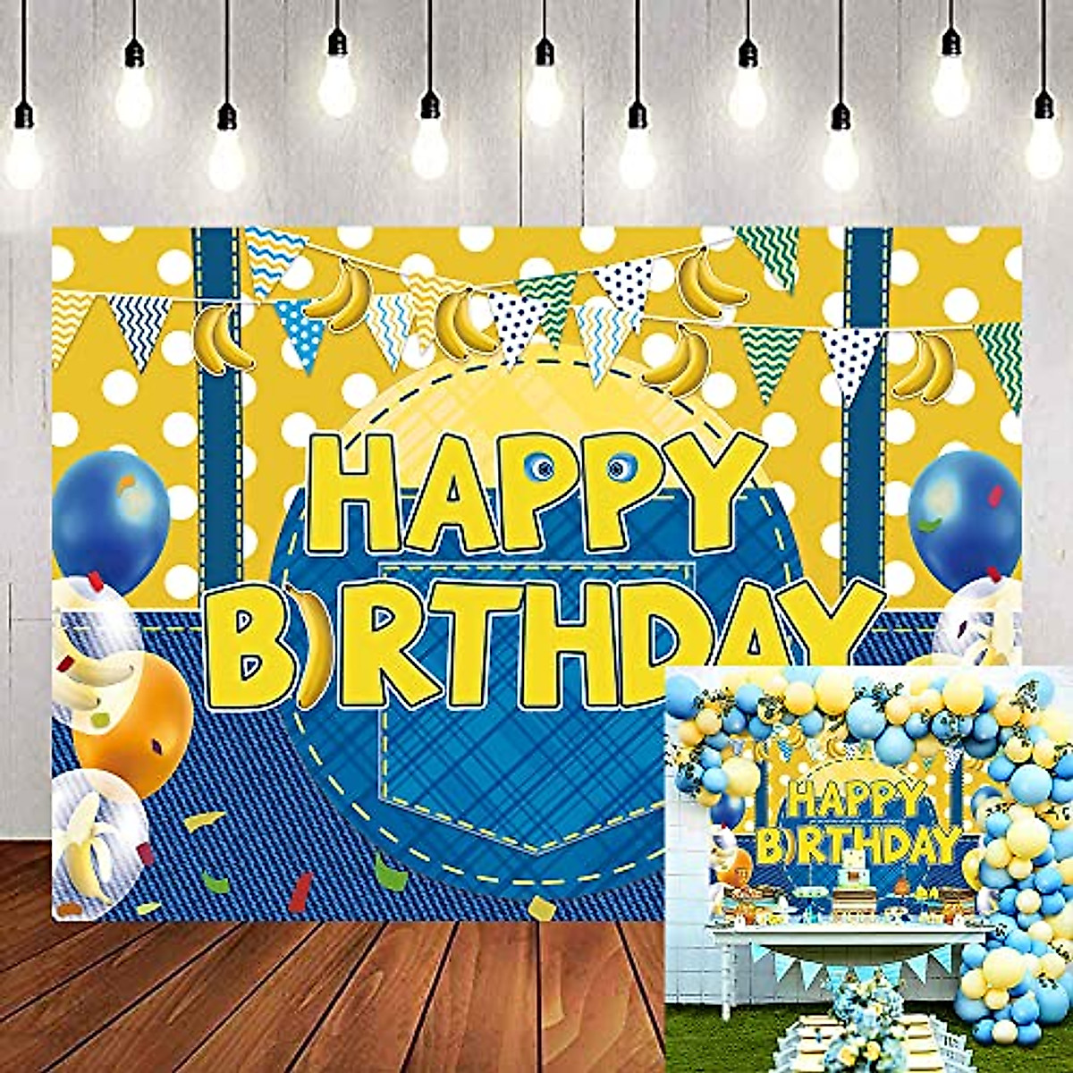 Yellow Cartoon Birthday Backdrop Cowboy Banana Balloon Photo Background Boy Child Happy Birthday Party Supplies Baby Shower Cake Table Decoration Backdrop 7x5FT