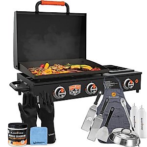 22 inch Blackstone Griddle with Hood and Side Burner, Tabletop Flat Top Grill Propane Portable Gas Grill for Outdoor BBQ Grill with Blackstone Accessories, Seasoning, and Gloves & Cloth