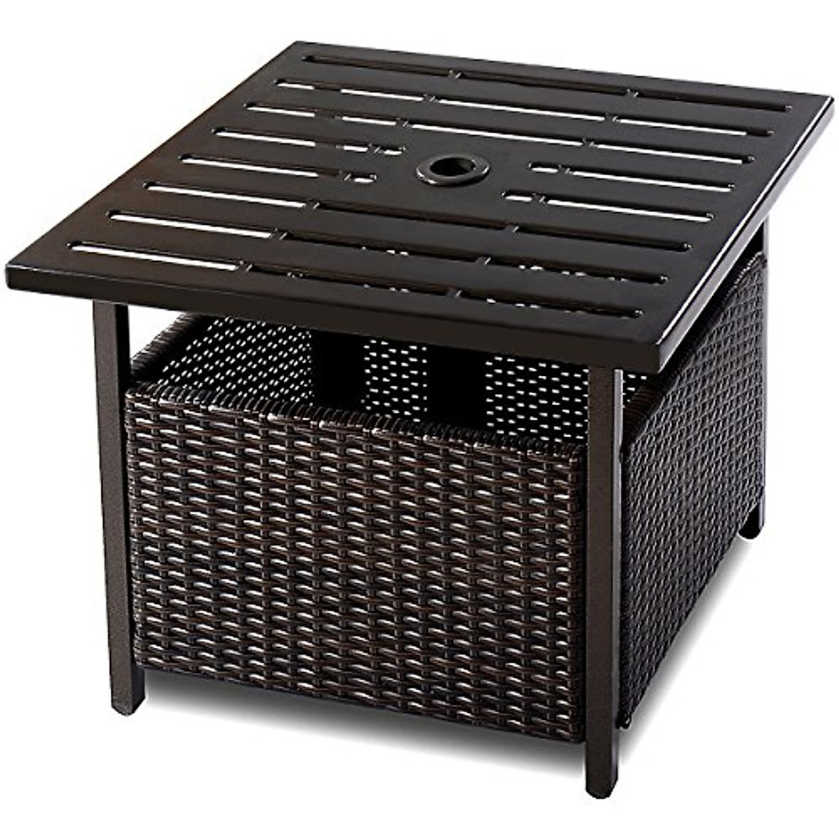 Giantex Outdoor Side Table with Umbrella Hole, Rattan/Wicker Umbrella Stand Table, Steel Metal Patio Bistro Table for Outdoor Deck Garden Pool, Brown