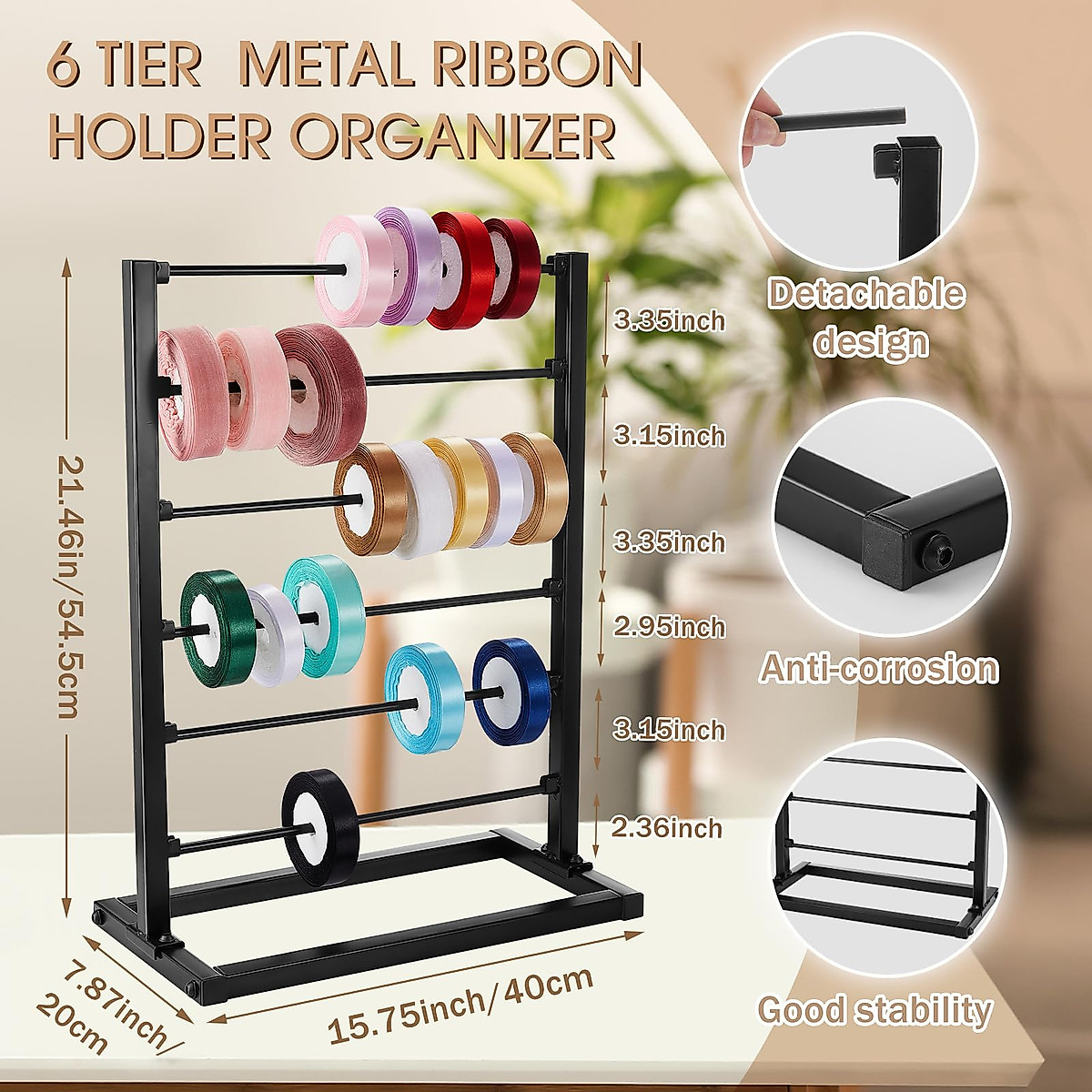 Menkxi 6 Tier Metal Ribbon Holder Organizer Rack Ribbon Rack Display Shelf Spool Holder Storage Organizer for Sewing Craft Mesh Thread Tape Wreath Crochet Roll Cake Flower Store Wrapping Gift, Black