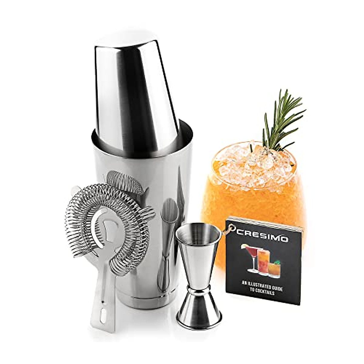 4pc Boston Cocktail Shaker Set - Bartender Kit with Martini Drink Shaker & Cocktail Set Bar Accessories: 28oz / 18oz Martini Shaker, Strainer, Jigger & Recipe Guide - Cocktail Mixer Bar Set - Cresimo