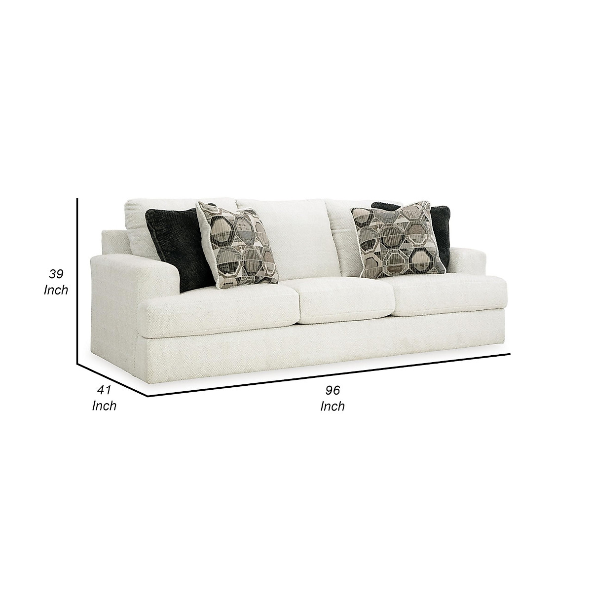 Benjara Henly 96 Inch Sofa, Oversized, 4 Accent Pillows, Soft Polyester, White, Gray, Black and Ivory