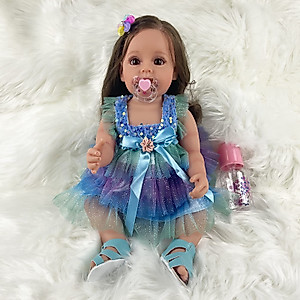 PLAYSKY Reborn Baby Dolls Girl, 22" Beautiful Lifelike Doll Full Body Vinyl Silicone with Long Hair for Kids, Realistic Newborn Baby Doll with Feeding Toy for Birthday Christmas