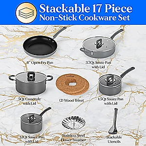 NutriChef Kitchenware Cookware, Non-Stick Pans and Pots with foldable Knob, Space Saving, Stackable, Nylon -Tools, Induction Base, Gray (17-Piece Set), One Size