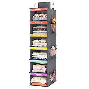 Fixwal 6-Shelf Weekly Clothes Organizer for Kids, Kids Daily Shelf Hanging Closet Organizer with 6 Side Pockets, Days of The Week Hanging Storage Shelves (Dark Grey)