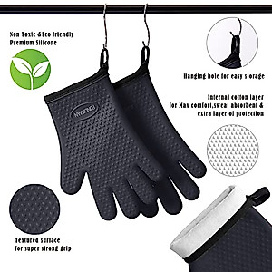 Kitchen Oven Gloves,Silicone and Cotton Double-Handle Hot Food Right on Your Grill Fryer,Layer Heat Resistant Oven Mitts/BBQ Gloves/Grill Gloves-Perfect for Baking and Grilling,10.8x7.7inches,Black