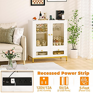 Sideboard Buffet Cabinet with Storage, Wine Bar Cabinet with Power Outlet & LED Light, Kitchen Storage Cabinet with Drawers, Liquor Coffee Bar Cupboard Buffet Table for Dining Room, White