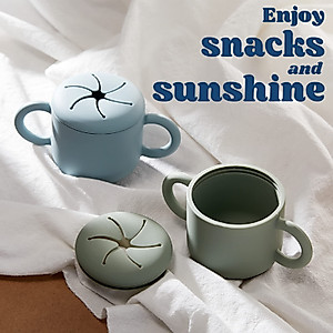 2 Pack Silicone Snack Cup Toddlers Sippy Cup Snack Containers with Double Handles Removable Lid for Toddler Baby Infants Training Cup for 6 Month+ (Army Green, Grayish Blue, 2 Pack)