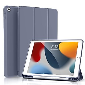 KenKe for iPad 9th Generation Case/ 8th Generation Case/ 7th Generation Case with Pencil Holder, For iPad 10.2 Inch 2021/2020/2019 Protective Case with Soft TPU Back,Auto Wake/Sleep Cover, Purple Gray