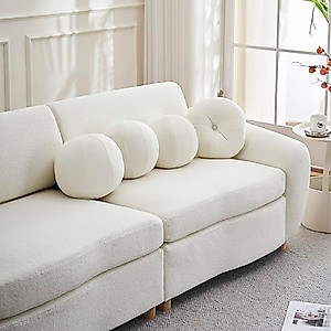 Teddy Fabric Curved Modular Sectional Sofas with Decorative Pillows, Fluffy Upholstery 3 Seater Loveseat Cloud Couch with Thicked Cushion and Wood Legs for Living Room,Office, Apartment