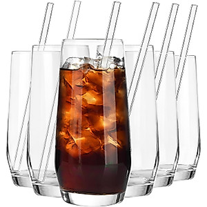 ALINK Drinking Glasses with Glass Straws Set of 6, 18 oz Tall Highball Glass Cups, Lead-Free Crystal Water Glasses, Iced Coffee Tea Cocktail Mojito Glass Cups, Tom Collins Bar Glassware