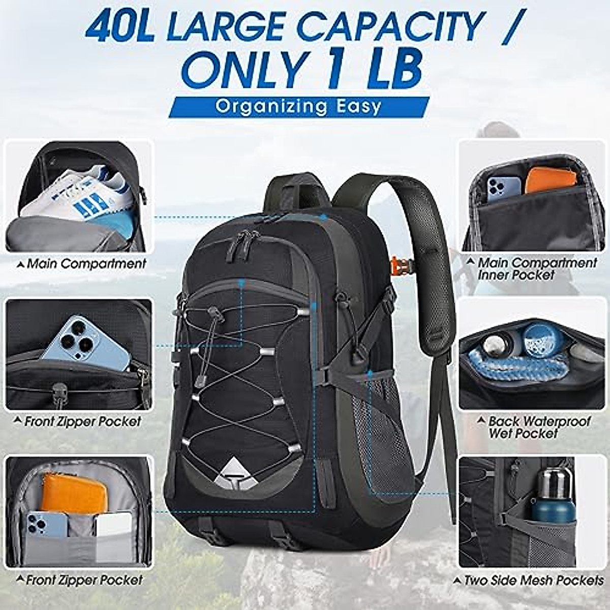 Lightweight Hiking Backpack 40L Packable Daypack for Men Women Waterproof Camping Bag Foldable Outdoor Sport Travel Climbing Trekking Camping, Black