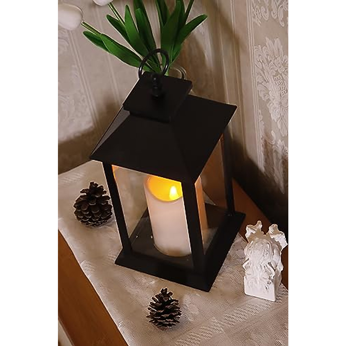 YAKii Hanging Glass Panes Lantern Portable Led Lantern Decorative Operated by 3AAA Battery Use for Garden Yard, Indoor Decoration Candle Lantern (Black)