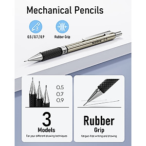 Nicpro 6PCS Art Mechanical Pencils Set, 3 PCS Metal Drafting Pencil 0.5 mm & 0.7 mm & 0.9 mm & 3 PCS 2mm Graphite Lead Holder (2B HB 2H) For Writing, Sketching Drawing With 12 Tube Lead Refills Case