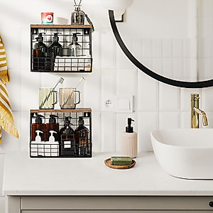 2 Pack Stackable Fruit Baskets with Wood Lid for Kitchen Counter, Wall-Mountable Hanging Wire Baskets with 4 Banana Hanger Hooks, Kitchen Organizers and Storage for Vegetable Onion Potato