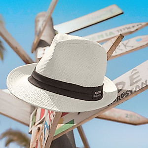 Panama Jack Solid Ribbon Fedora Hat with Black Band (Ivory, Large)