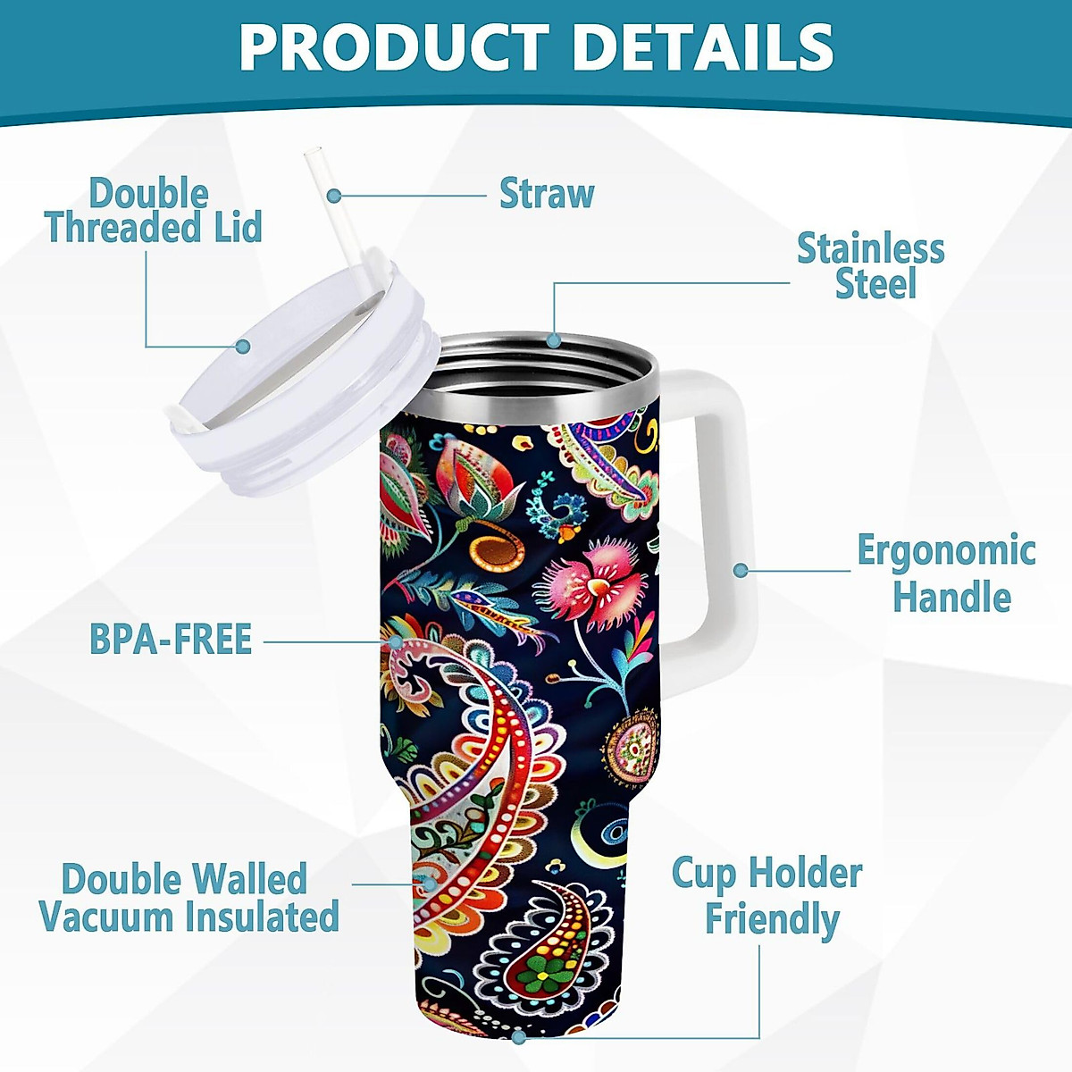 xigua 30 oz Paisley Flower Tumbler with Handle and Straw Lid, Stainless Steel Vacuum Insulated Sports Water Bottle, Keeps Cold or Hot Coffee Cup Travel Mug