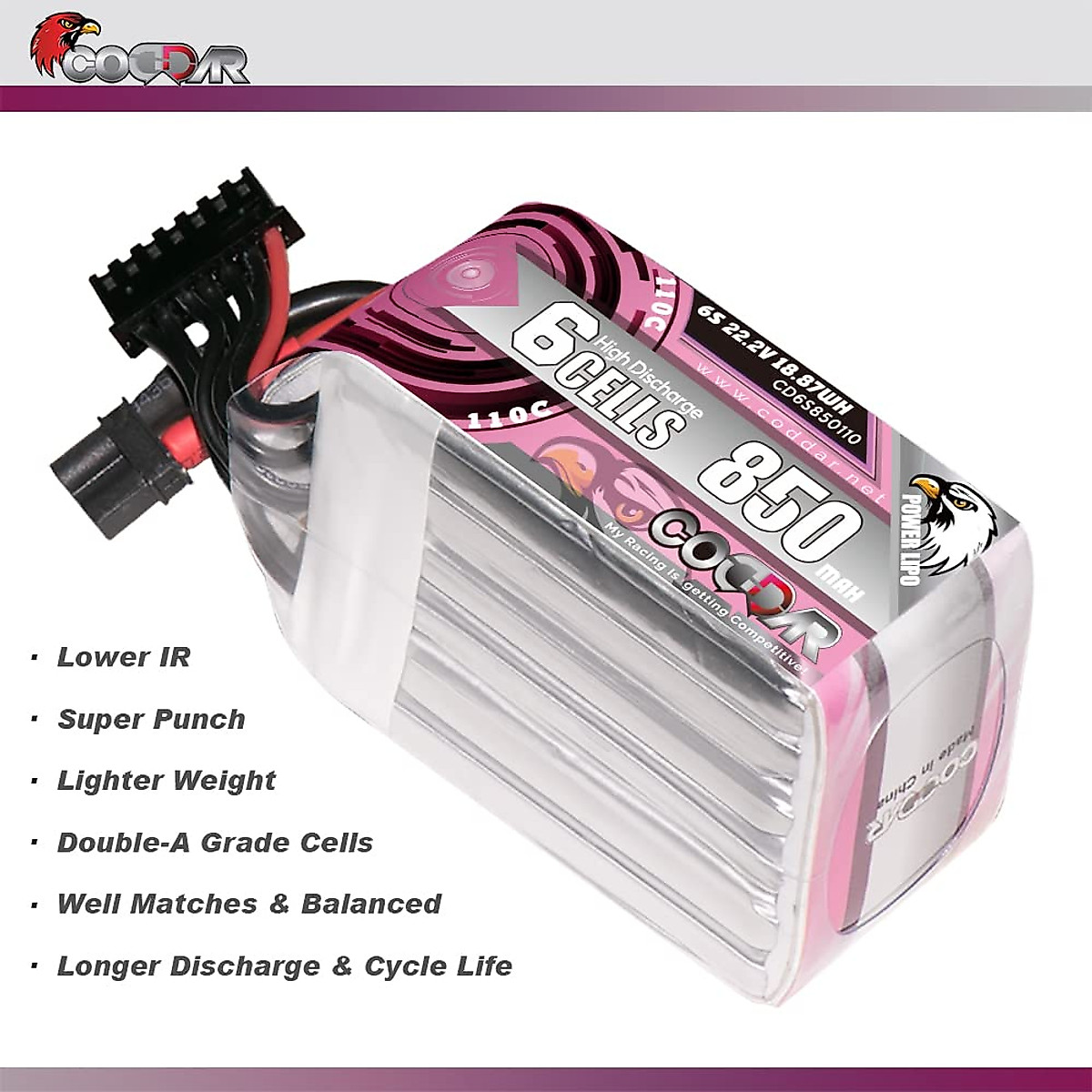 CODDAR 850mAh 6S 22.2V 110C LiPo Battery with XT30 Connector for RC Heli Airplane Quadcopter Helicopter Multi-Motor Hobby DIY Parts,2inch to 3inch FPV, 2inch to 2.5inch CineWhoop