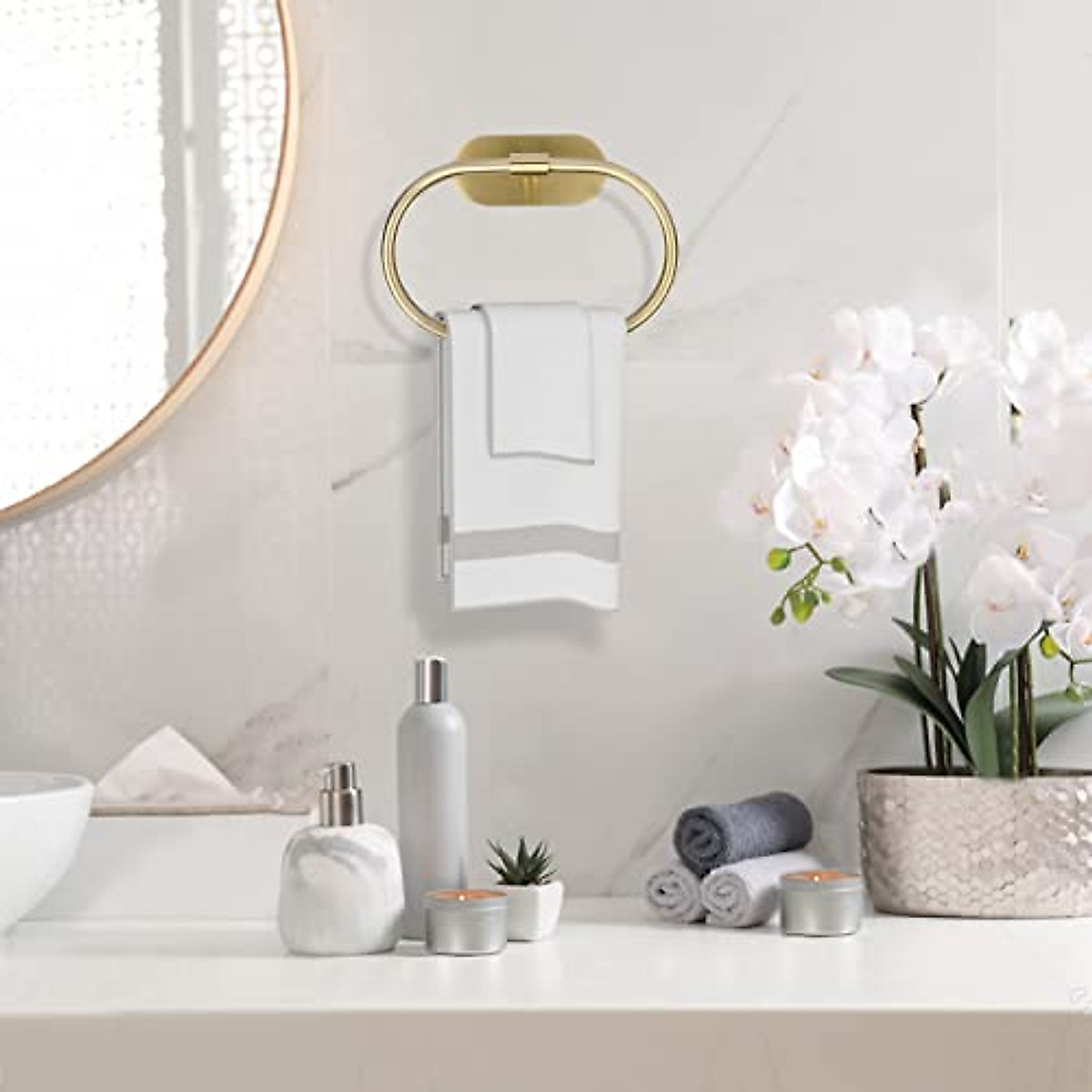 HouseAid 5-Piece Self Adhesive Towel Holder Set for Bathroom, Adhesive Bathroom Hardware Accessories Including Towel Ring, Toilet Paper Holder, 18” Towel Bar and 2 Towel Hooks, Brushed Gold