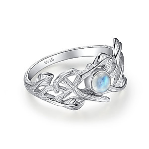 Angol Genuine Moonstone Ring Sterling Silver Leaf Moonstone Ring Statement Band Finger Minimalist Ring for Women with Gift Box (9)