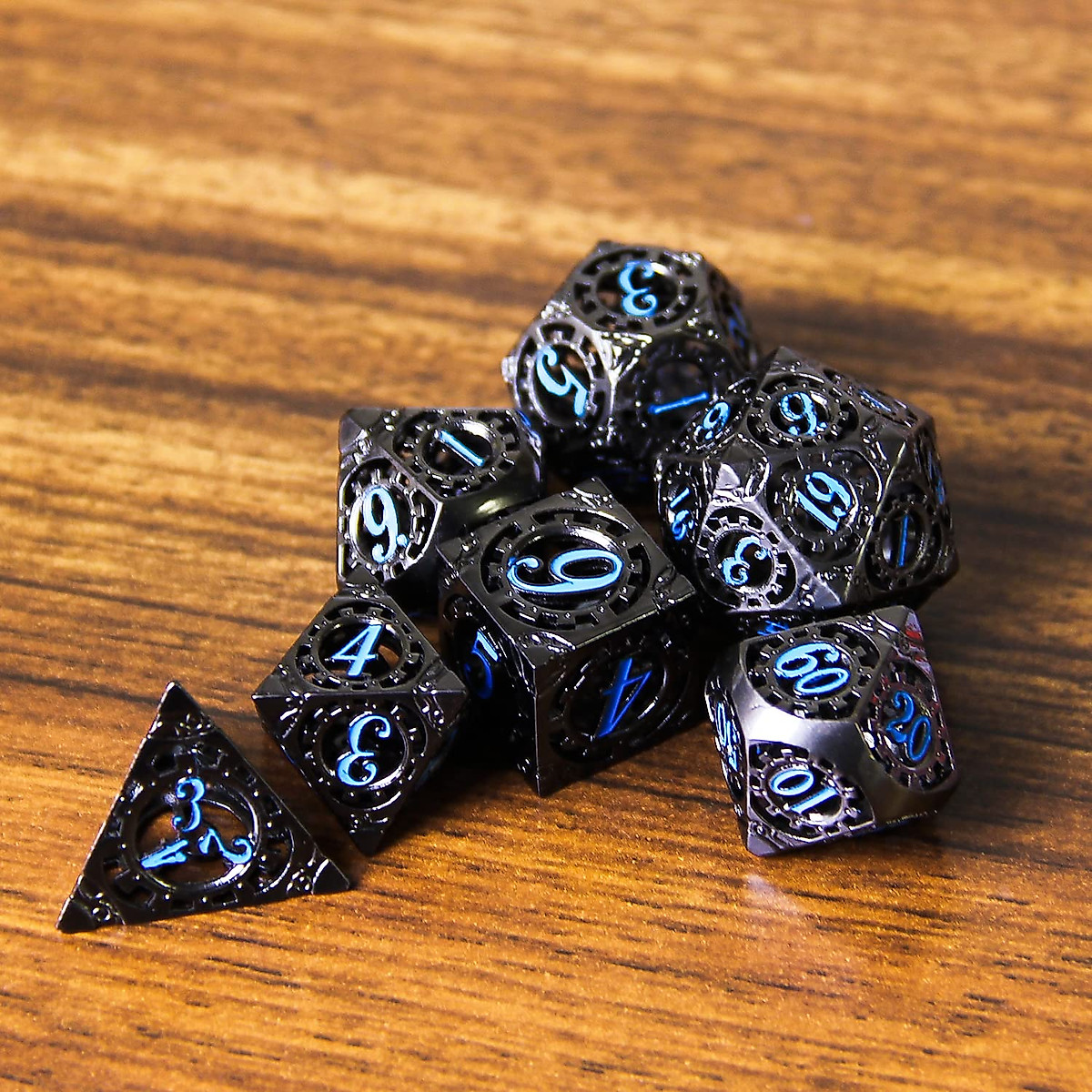BEWTEIM New Version Steampunk Gear DND Dice Set 7pcs Polyhedral Dice d&d Dungeons and Dragons Dice Gifts RPG,MTG,Pathfinder Role Playing Games (Black Blue, Hollow)