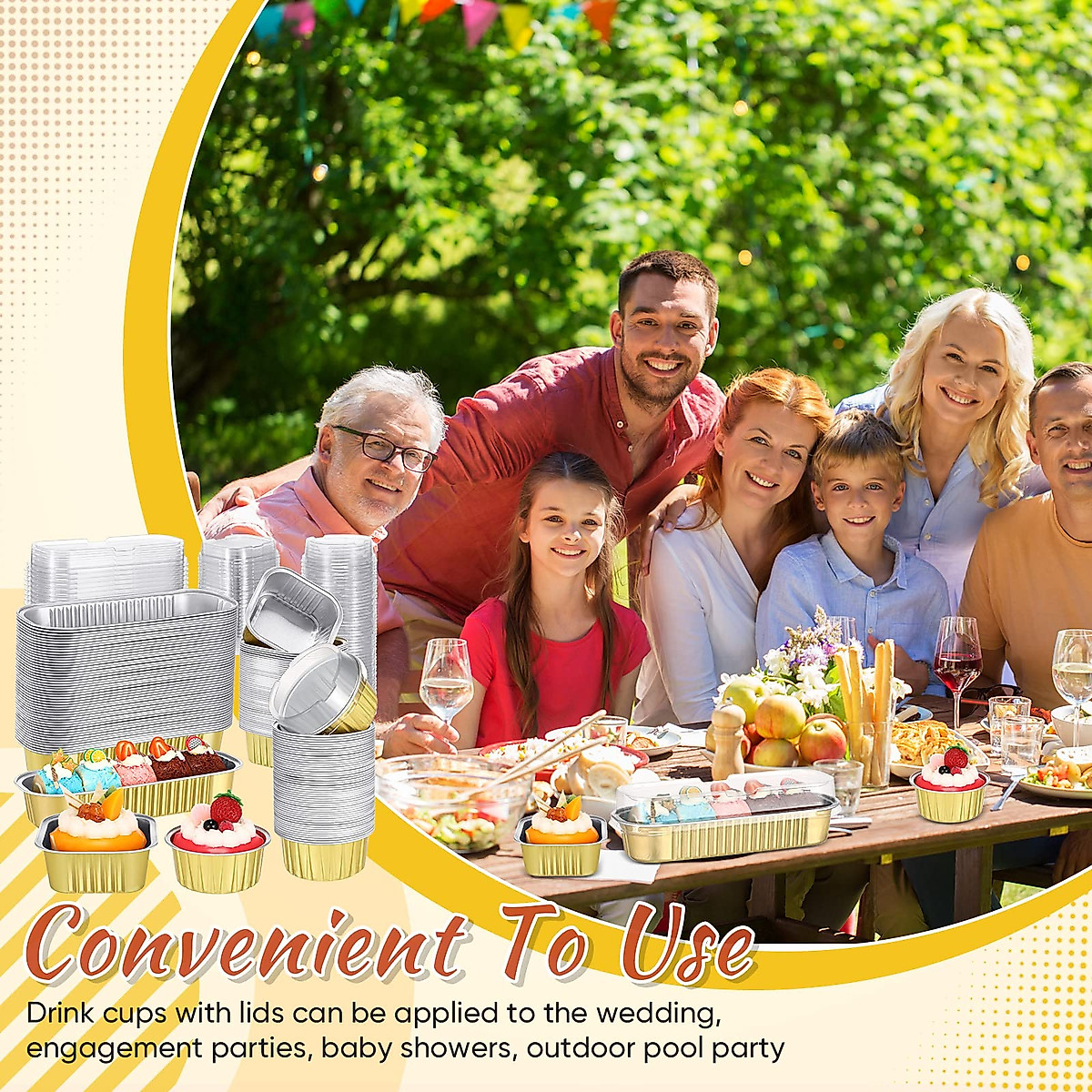 150 Pcs Mini Cake Pans with Lids Disposable Ramekins 6.8 oz 5 oz Aluminum Foil Cupcake Baking Cups, Rectangle Round Square Cupcake Liners Cake Tins for Flan Muffin Dessert Party Favors, Gold