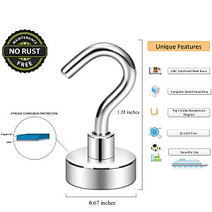 Neosmuk Magnetic Hooks, 27 lb+ Heavy Duty Earth Magnets with Hook for Refrigerator, Extra Strong Cruise Hook for Hanging, Magnetic Hanger for Cabins, Grill (Silver White, Pack of 10)