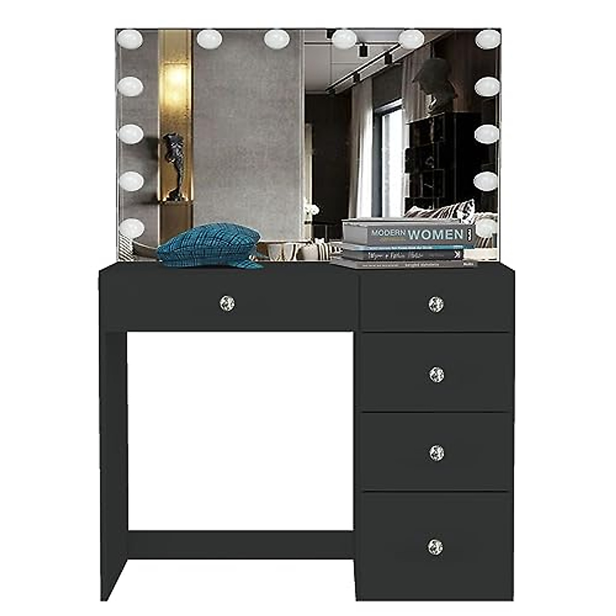 Boahaus Matilda Vanity Makeup Desk, Elegant White Bedroom Set with a Full-Width Mirror, 5 Drawers, Crystal Knobs - Ideal Modern Makeup Vanity with Ample Storage