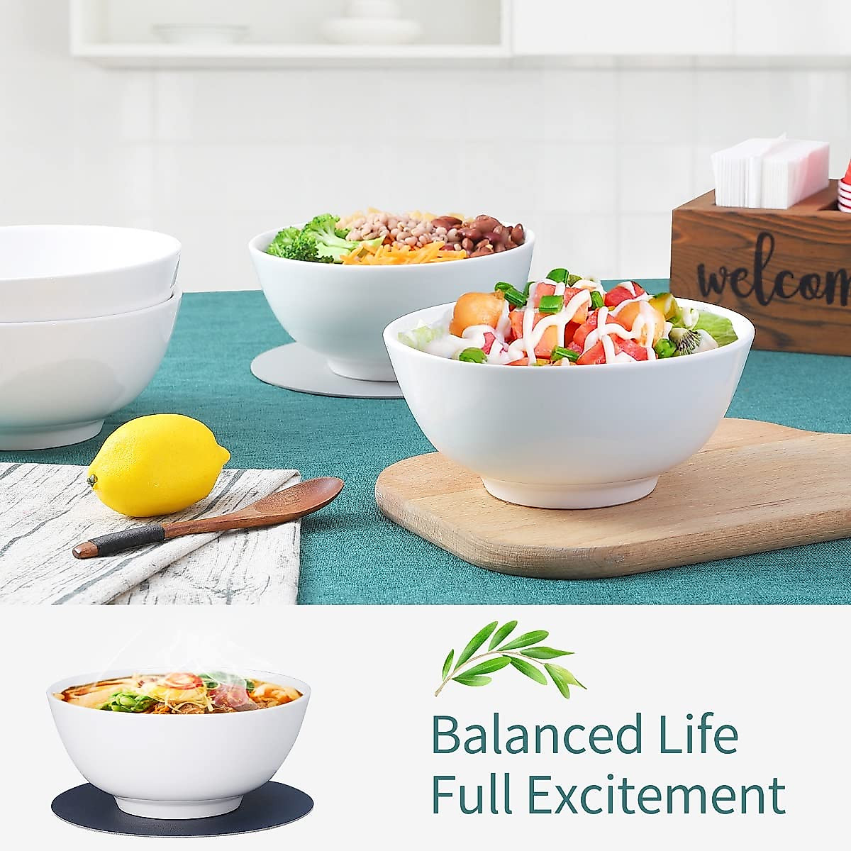 Wwyybfk 38oz Ceramic Soup Bowls, 7'' White Cereal Bowls Reusable Porcelain Bowl Set with Heat Insulation Pads Dishwasher & Microwave Safe for Home Kitchen Use