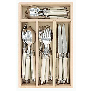 Laguiole Andre Verdier Debutant 24 Piece Flatware Set, Steak Knives, Forks, Soup Spoons, Teaspoons, Ivory Color, Made In France