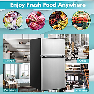 PETSITE Compact Refrigerator, 3.2 Cu.Ft. Stainless Steel Mini Fridge with 5 Temperature Settings, Reversible Door, Unit 2-Door Small Freezer Cooler for Dorm, Office, Apartment