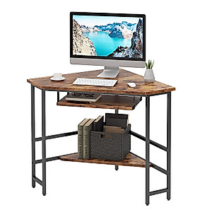 soges Corner Desk for Small Space, Computer Desk with Storage Shelf and Keyboard Tray, Triangle Vanity Desk with Sturdy Metal Frame, Compact Home Office Table, Rustic Brown
