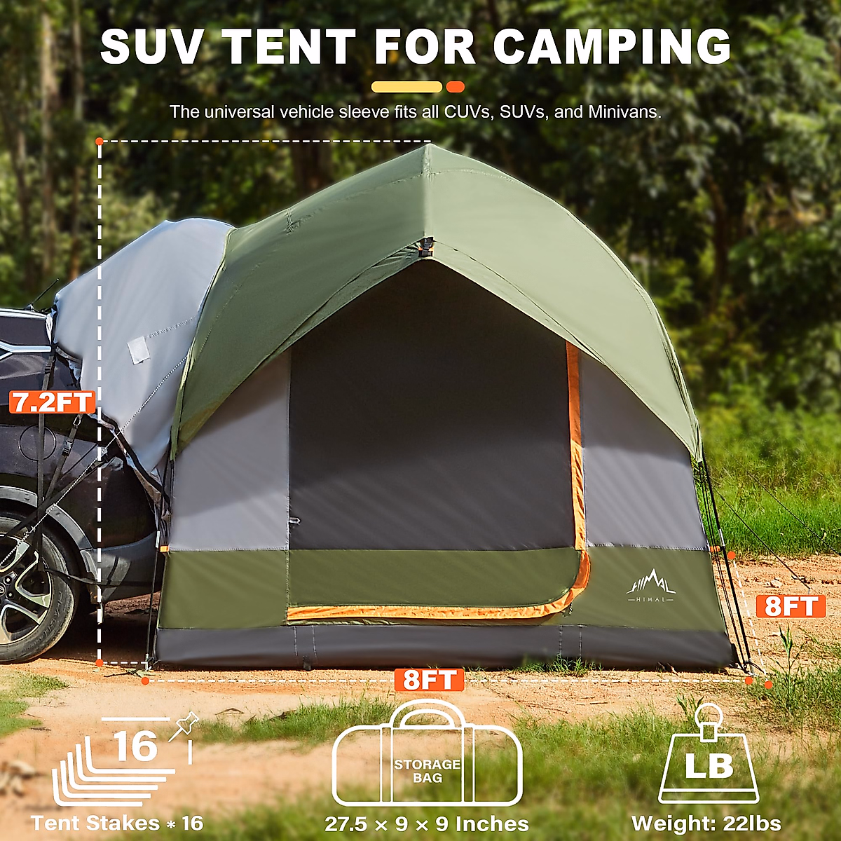 GoHimal SUV Tent for Camping, Waterproof PU3000mm Spacious Double Layer Design for 5-8 Person, Includes Rainfly and Storage Bag, 8FT L x 8FT W x 7.2FT H